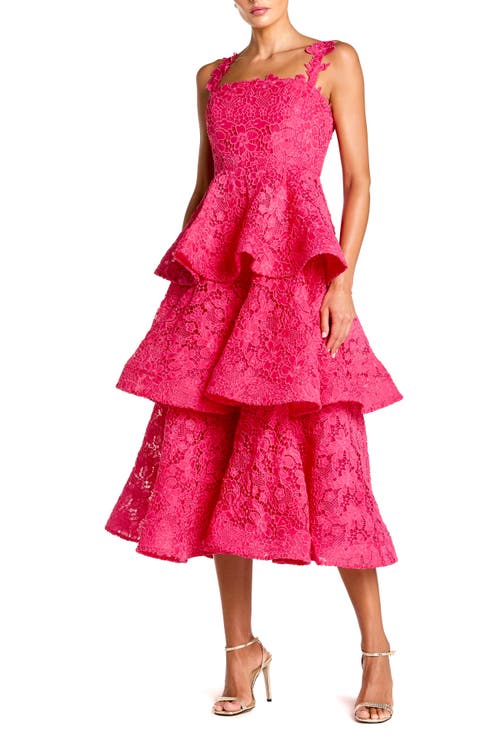 MAC DUGGAL Embroidered Lace Ruffle Midi Dress
